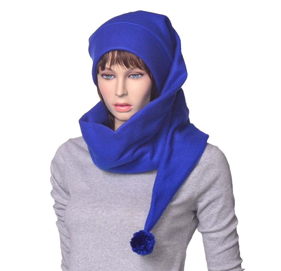 Long Stocking Cap Royal Blue Scarf Hat Wrap Around Tail Hat With Pompom ...