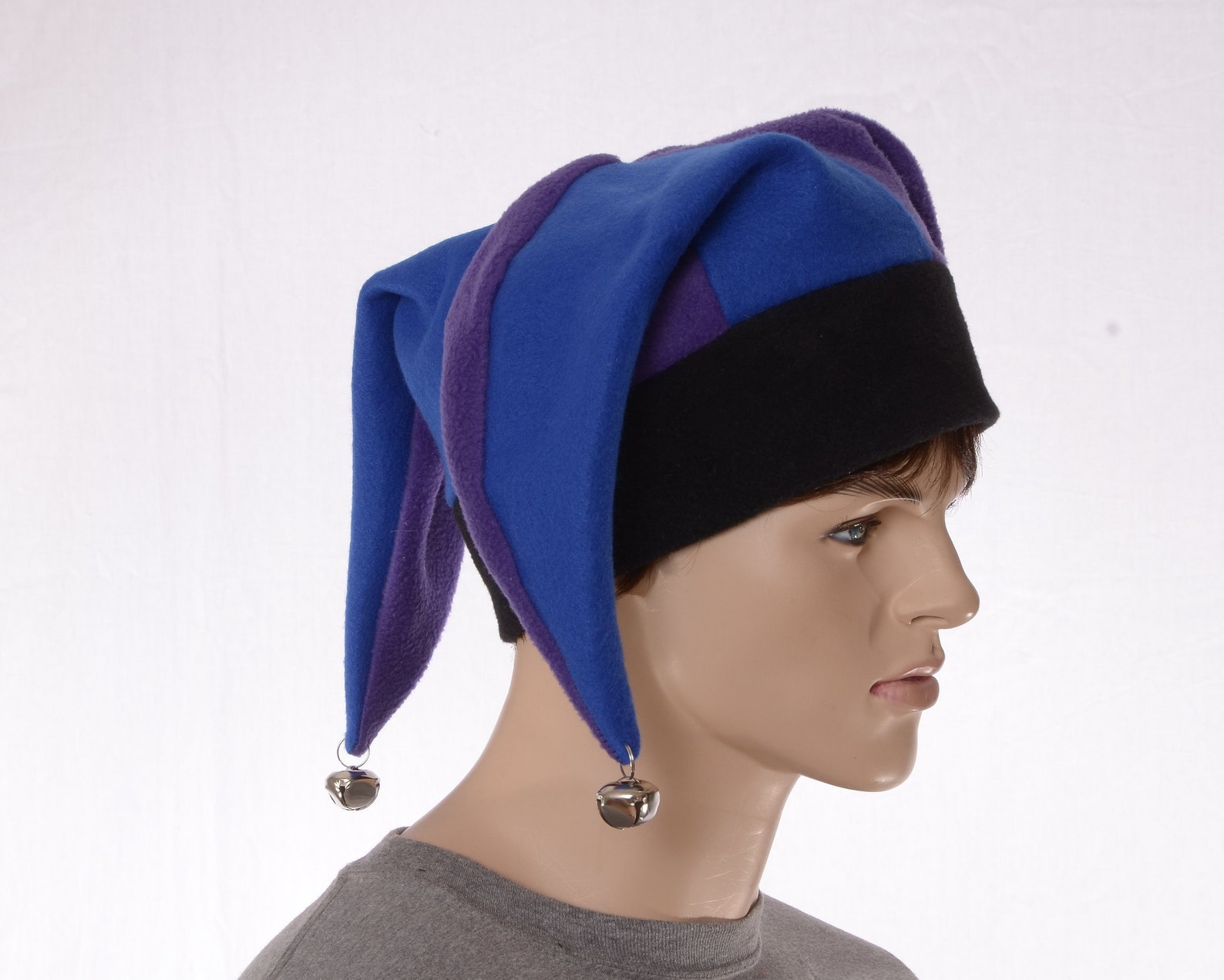 Jester Hat: Purple Blue Harlequin Cap With Bells Three Point Black ...
