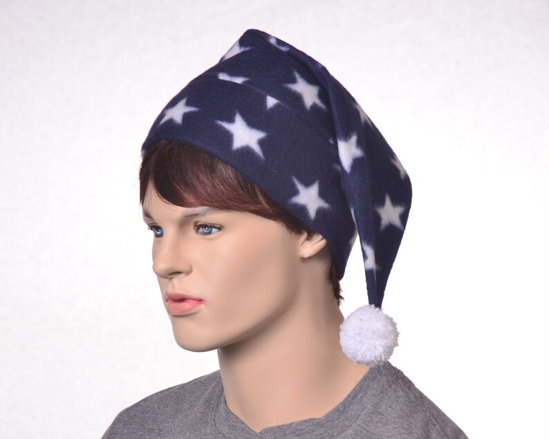 Stocking Cap Navy Blue White Stars Fleece Hat Pointed Bobble - Etsy