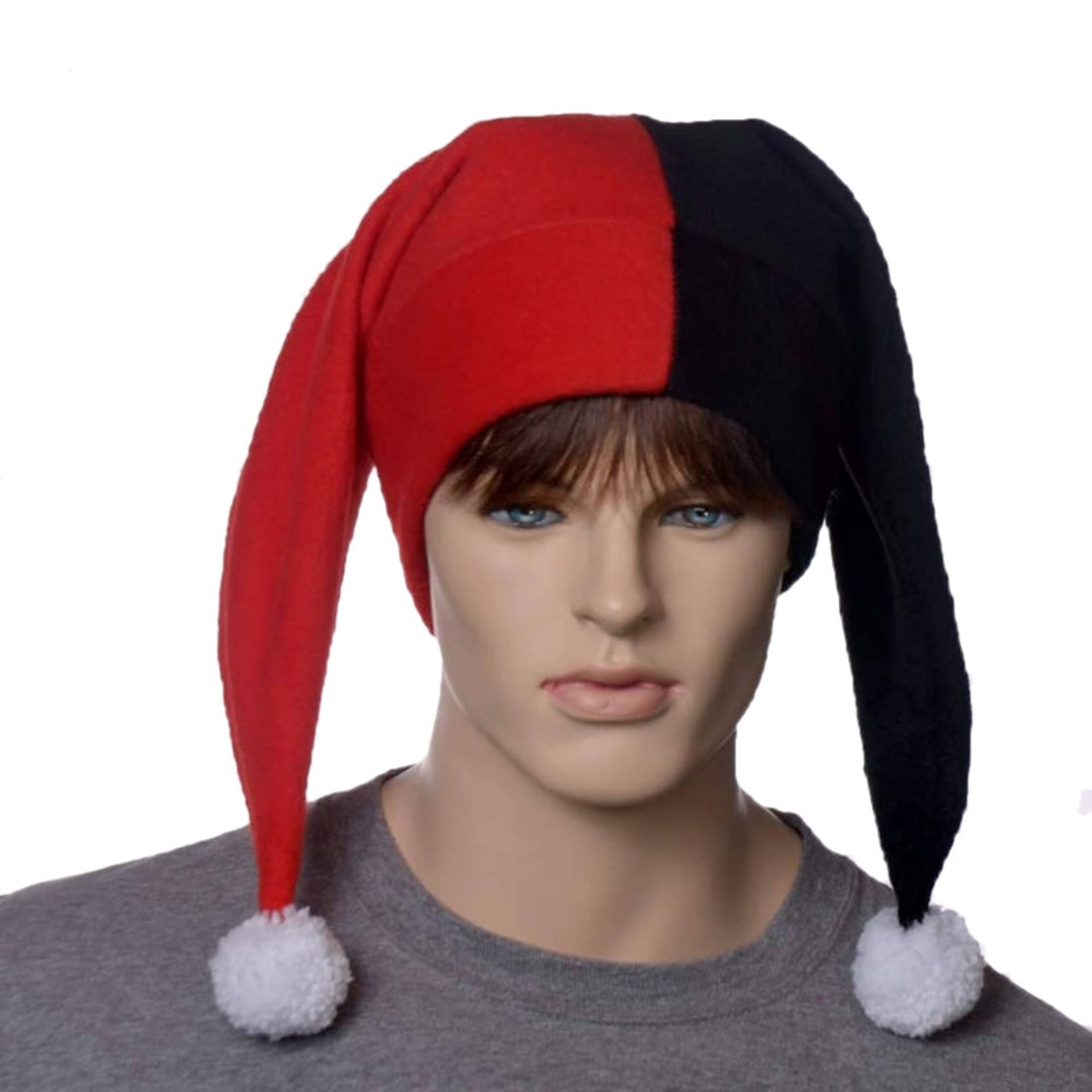 Sombrero de bufón, gorro de arlequín negro y rojo, pompones blancos ...