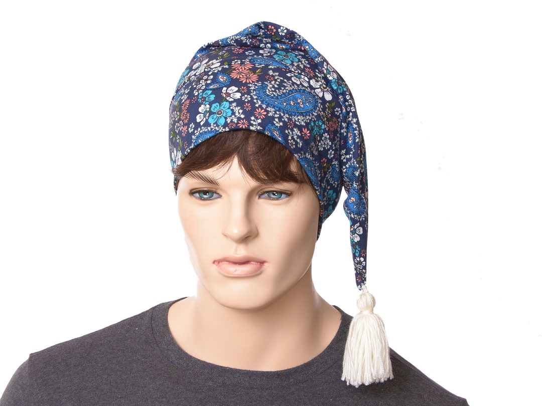 Sleeping Hat Navy Floral Pasley With White Tassel Nightcap Style Soft ...