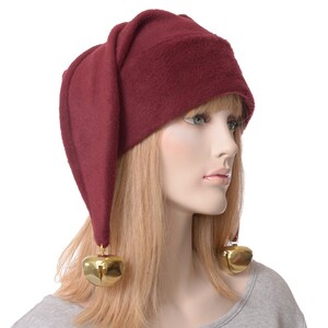 Burgundy Jester Hat Fleece Harlequin Cap Two Point Gold Oversized Bells ...