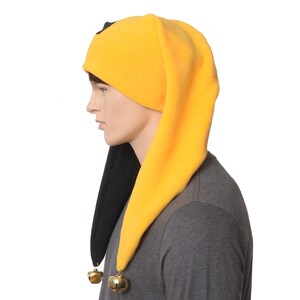 Jester Hat Extra Long Black and Gold Two Pointed Tails Fools Cap Fleece ...
