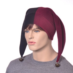 Jester Hat Two Pointed Maroon Black Fleece Bells Double Tails Adult Men ...