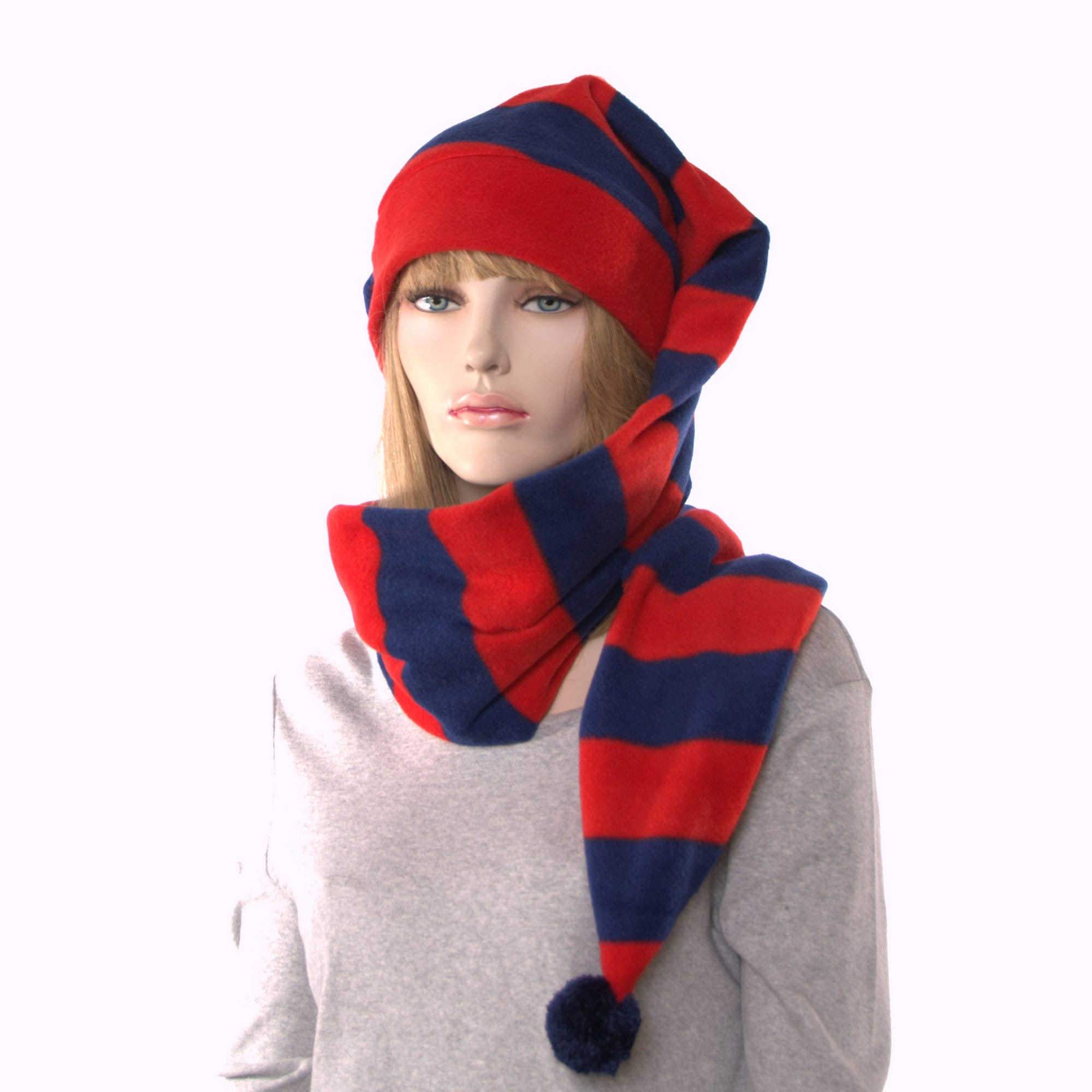 Long Stocking Cap Wrap Around Scarf Hat With Red Blue Stripes Headband ...