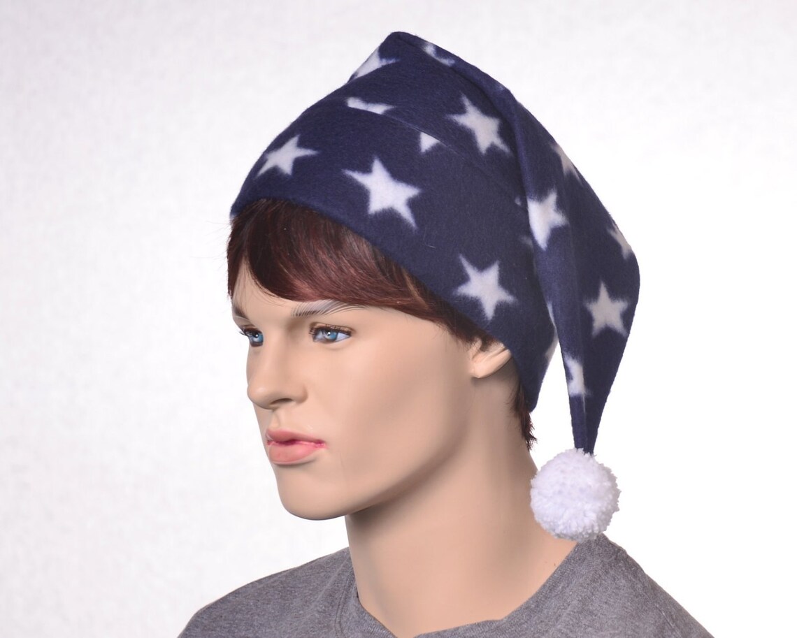 Stocking Cap Navy Blue White Stars Fleece Hat Pointed Bobble | Etsy
