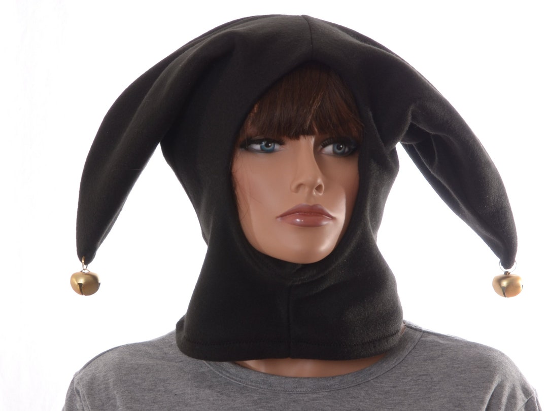 Black Jester Hood Hat Fleece With Gold Bells Harlequin Cap Two Pointed ...