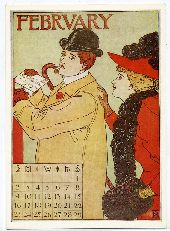 February vintage postcard of calendar illustration from 1895 | Etsy