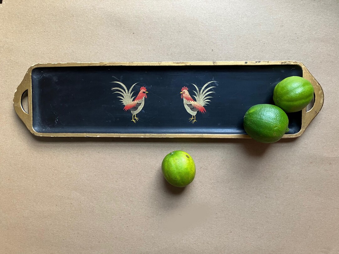 Antique Long Narrow Black Lacquer Tray With 2 Gold Leaf Roosters Sienna ...