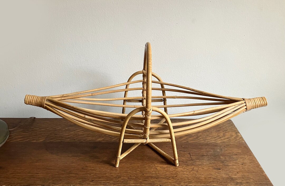 Large Mid Century Modern Footed Boat Shaped Rattan and Bamboo Basket ...