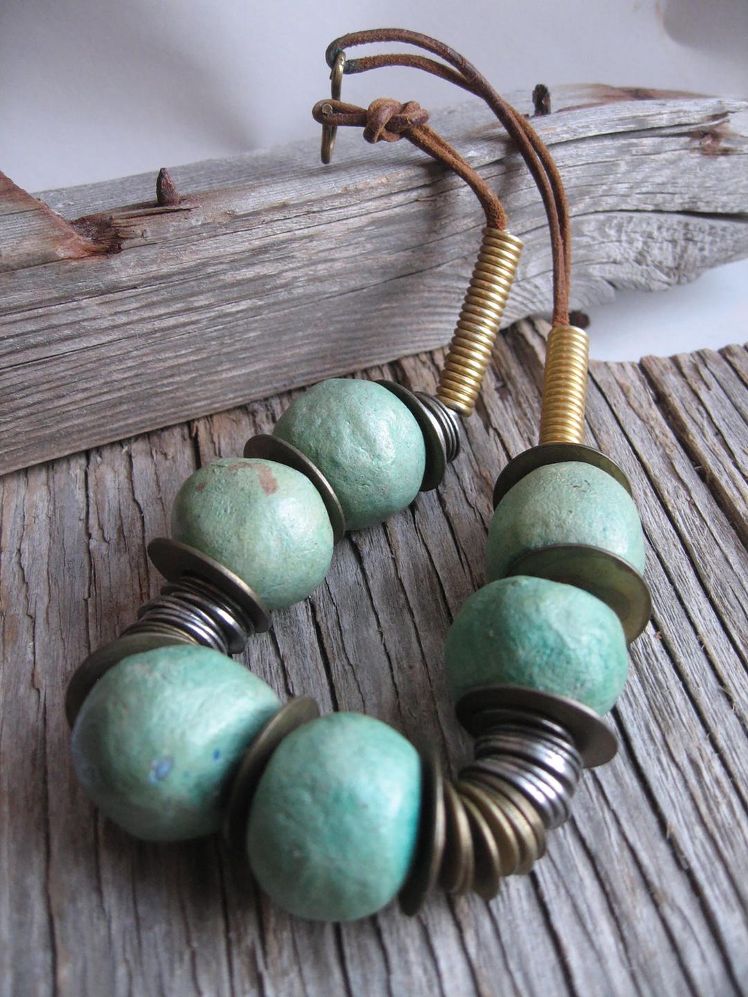 Vintage Bohemian Greek Handcrafted Clay Bead Necklace With Brass and ...