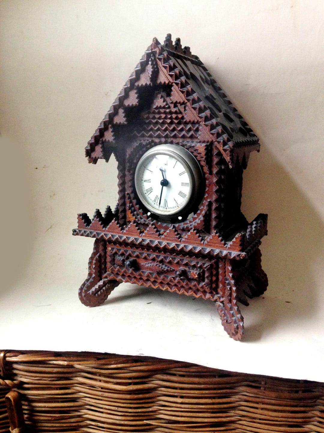 Antique Tramp Art Clock Case Footed, W/drawer Stars Heart and Marquetry ...