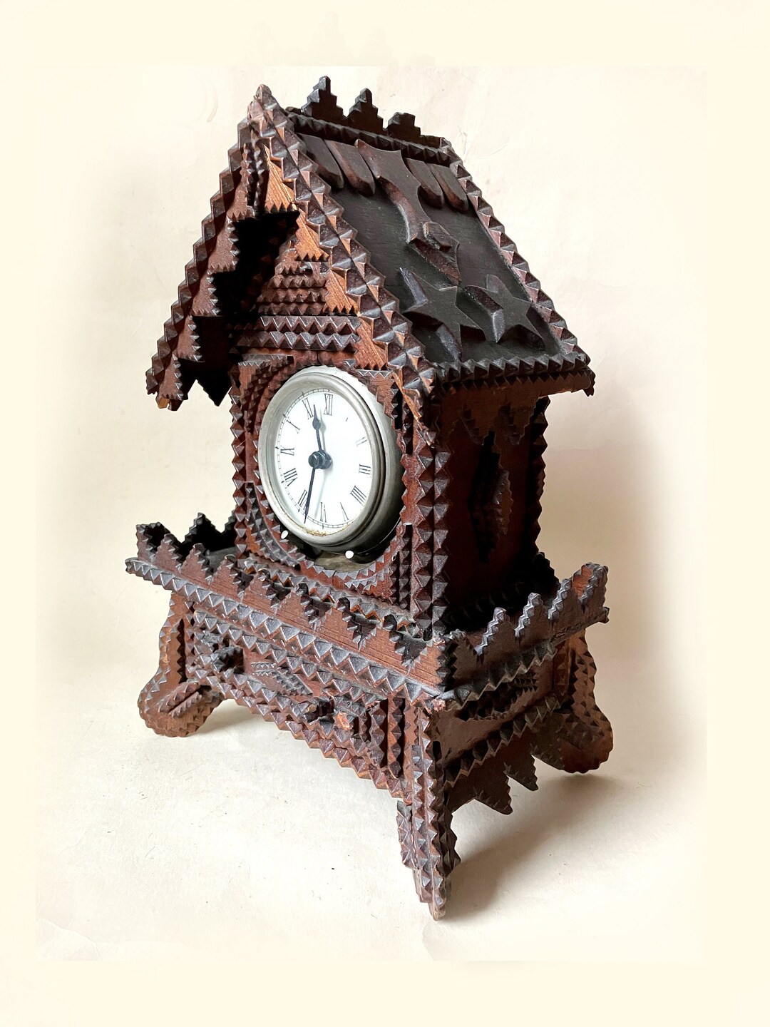 Antique Tramp Art Clock Case Footed, W/drawer Stars Heart and Marquetry ...