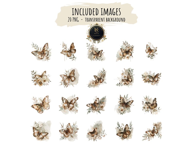 20 PNG, Boho Butterfly Clipart PNG – Watercolor Insects in Neutral ...