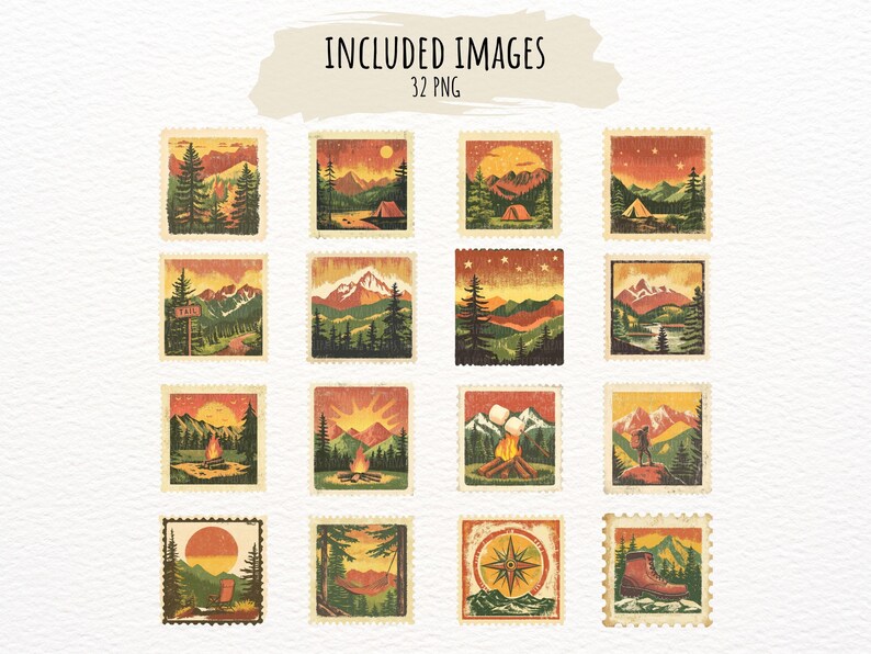 Vintage Camping Stamp Clipart, 32 PNG Outdoor Adventure Stickers, Retro ...