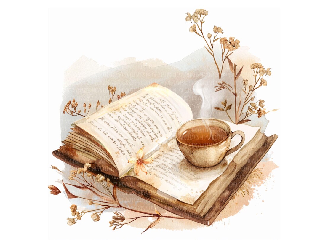 12 JPG, Open Book and Tea Clipart –vintage Watercolor Scene, Flowers ...