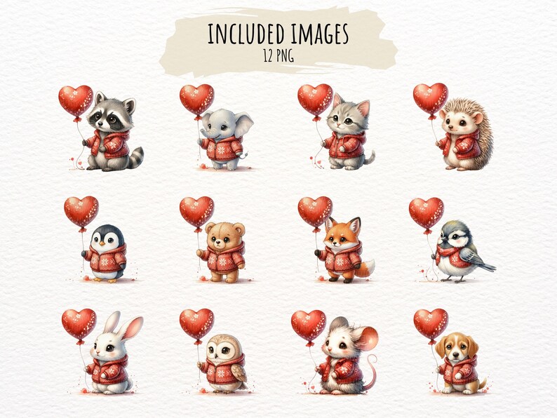 12 PNG Valentines Animals Clipart Set | Cute Love Animals Illustrations ...