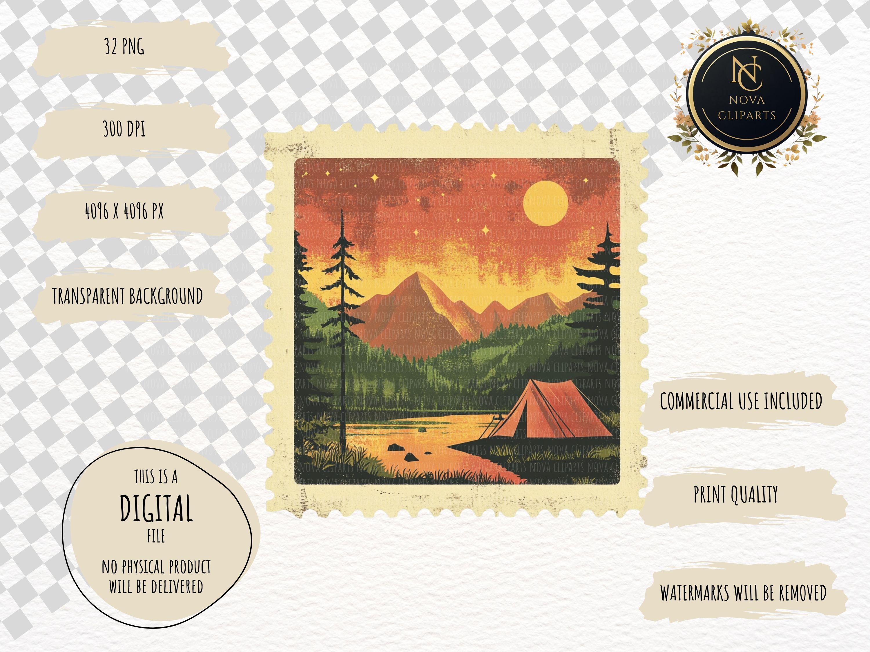 Vintage Camping Stamp Clipart, 32 PNG Outdoor Adventure Stickers, Retro ...