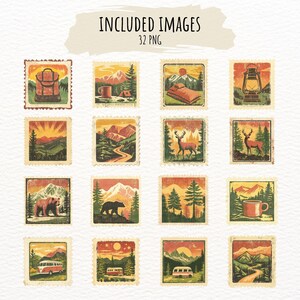 Vintage Camping Stamp Clipart, 32 PNG Outdoor Adventure Stickers, Retro ...