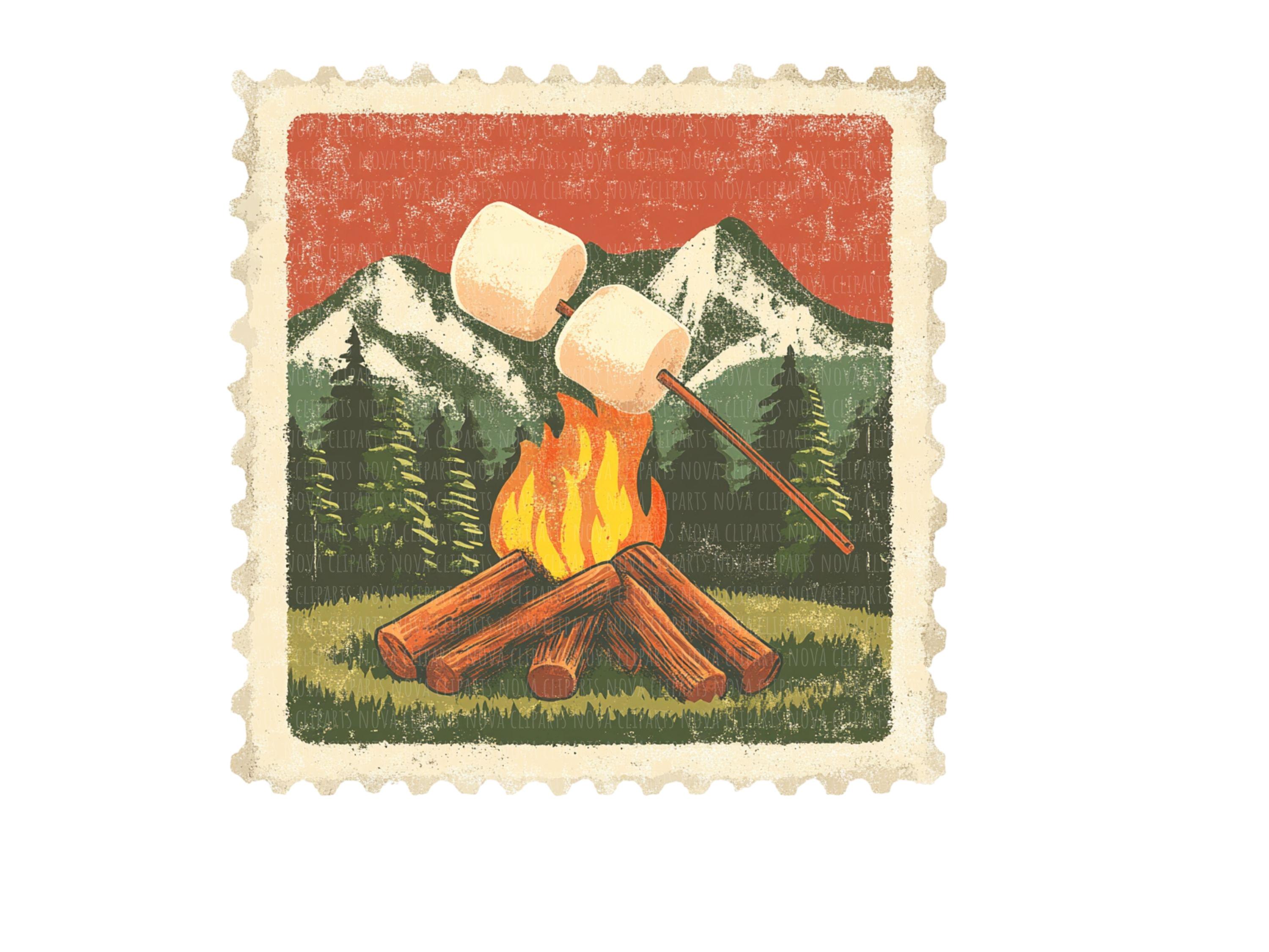 Vintage Camping Stamp Clipart, 32 PNG Outdoor Adventure Stickers, Retro ...