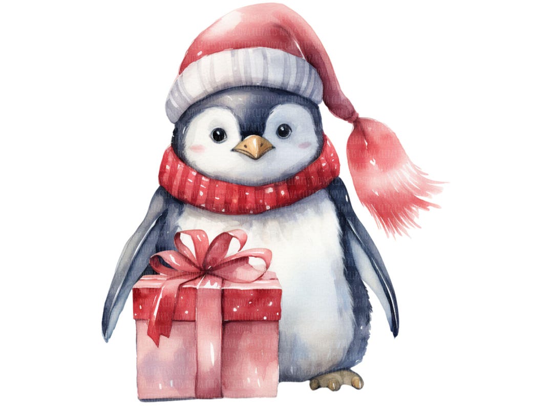 Christmas Penguin Watercolor Clipart, Festive Holiday Art (digital ...
