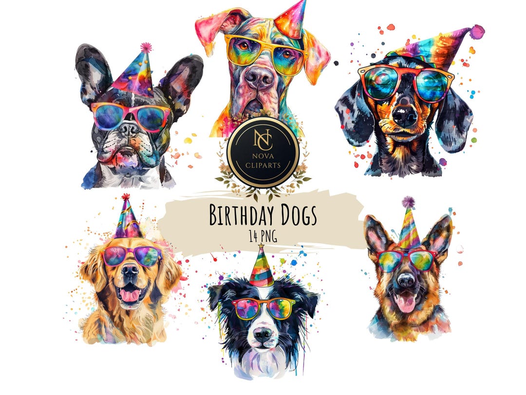 Birthday Dogs Clipart – 14 PNG Cute Watercolor Puppy Party Graphics ...