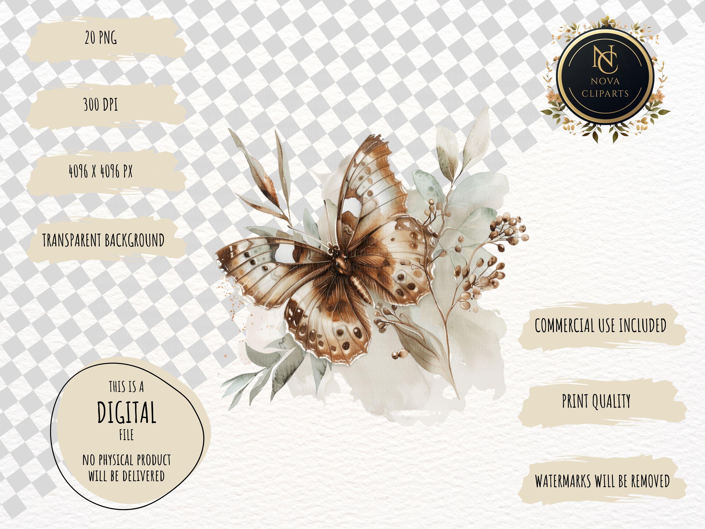 20 PNG, Boho Butterfly Clipart PNG – Watercolor Insects in Neutral ...