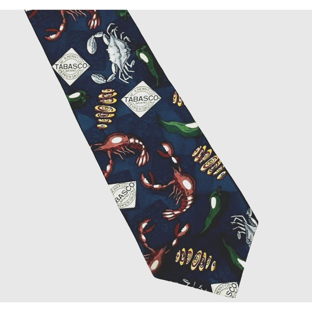 Tabasco Tie Navy Seafood Pattern 100% Silk USA Novelty Crawfish Crawdad ...