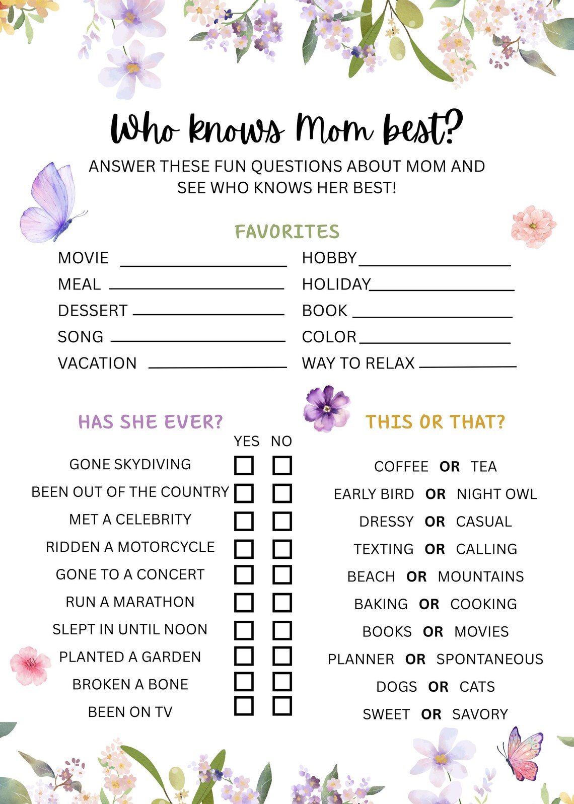 Who Knows Mom Best Game • Mother’s Day Printable Game • Fun Quiz for ...
