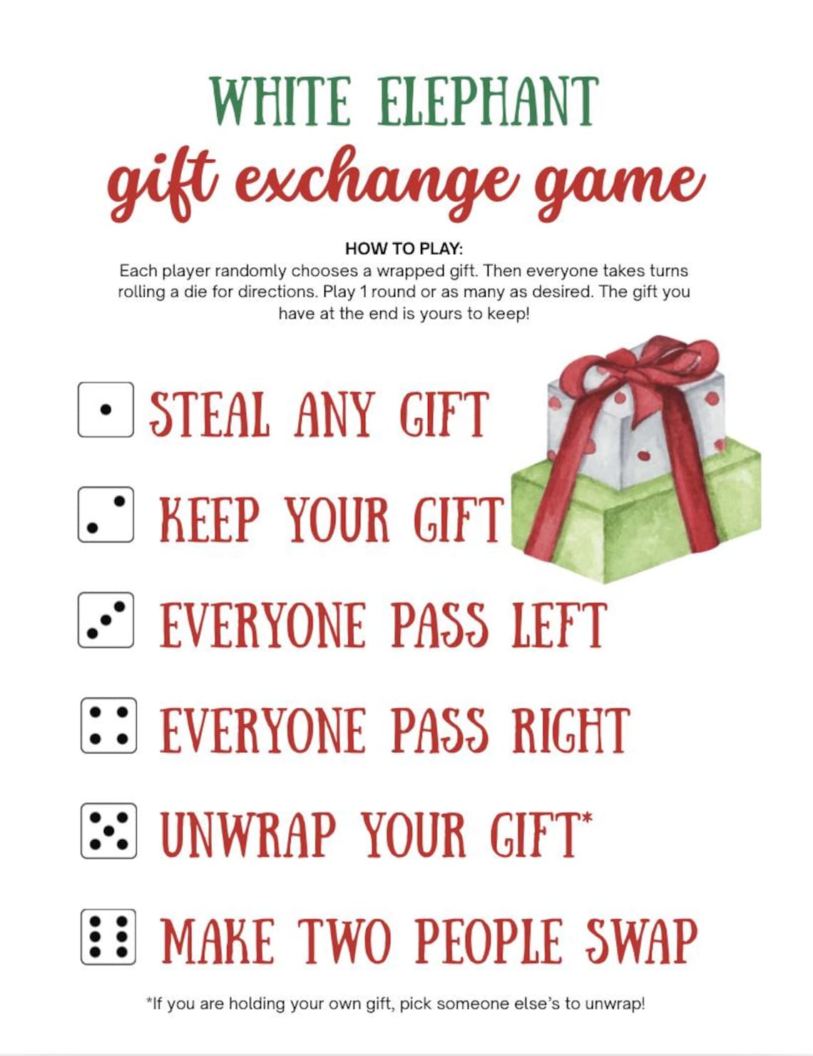 White Elephant Roll the Dice Gift Exchange Game | Printable Christmas ...