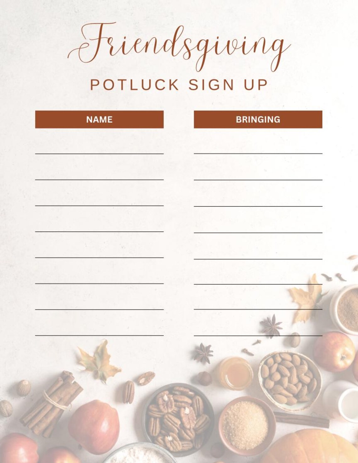 Friendsgiving Potluck Sign up Sheet | Instant Download - Etsy
