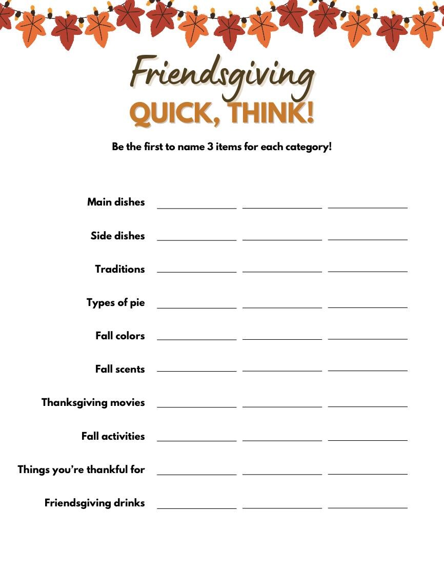 Friendsgiving “quick Think” Game | Thanksgiving Party Game | Printable ...