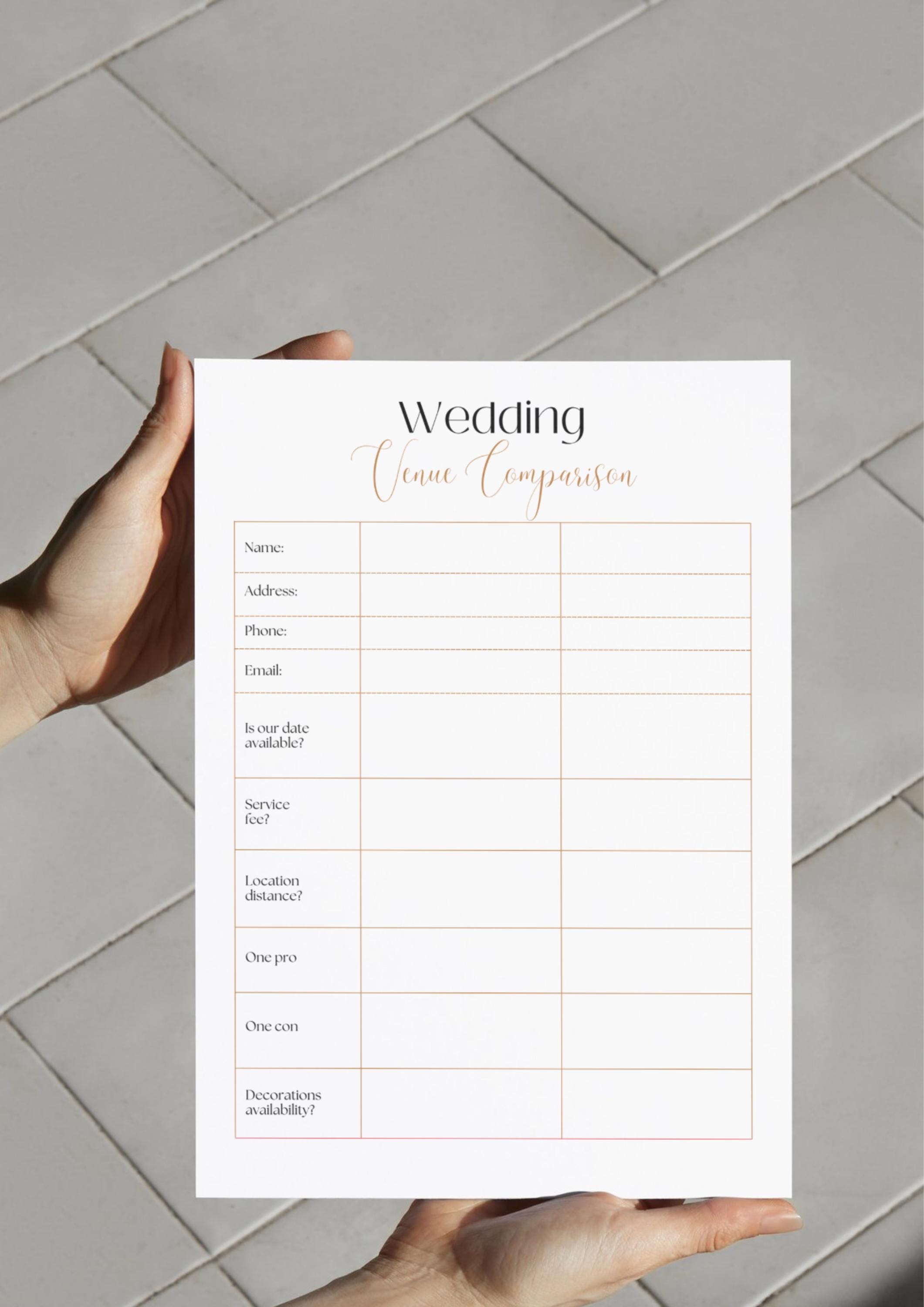 Wedding Venue Comparison Worksheet • Track Locations, Costs & Amenities ...