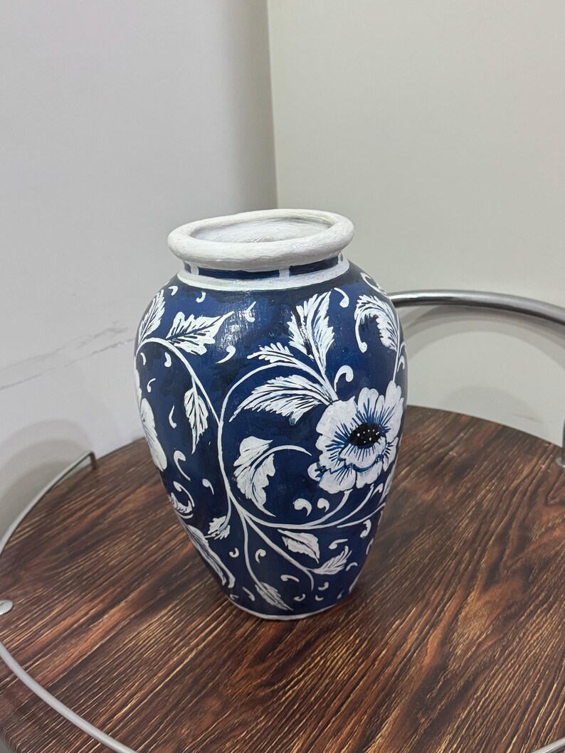 Handmade Vase Hand-painted Clay Vase – Elegant White & Blue Home and ...