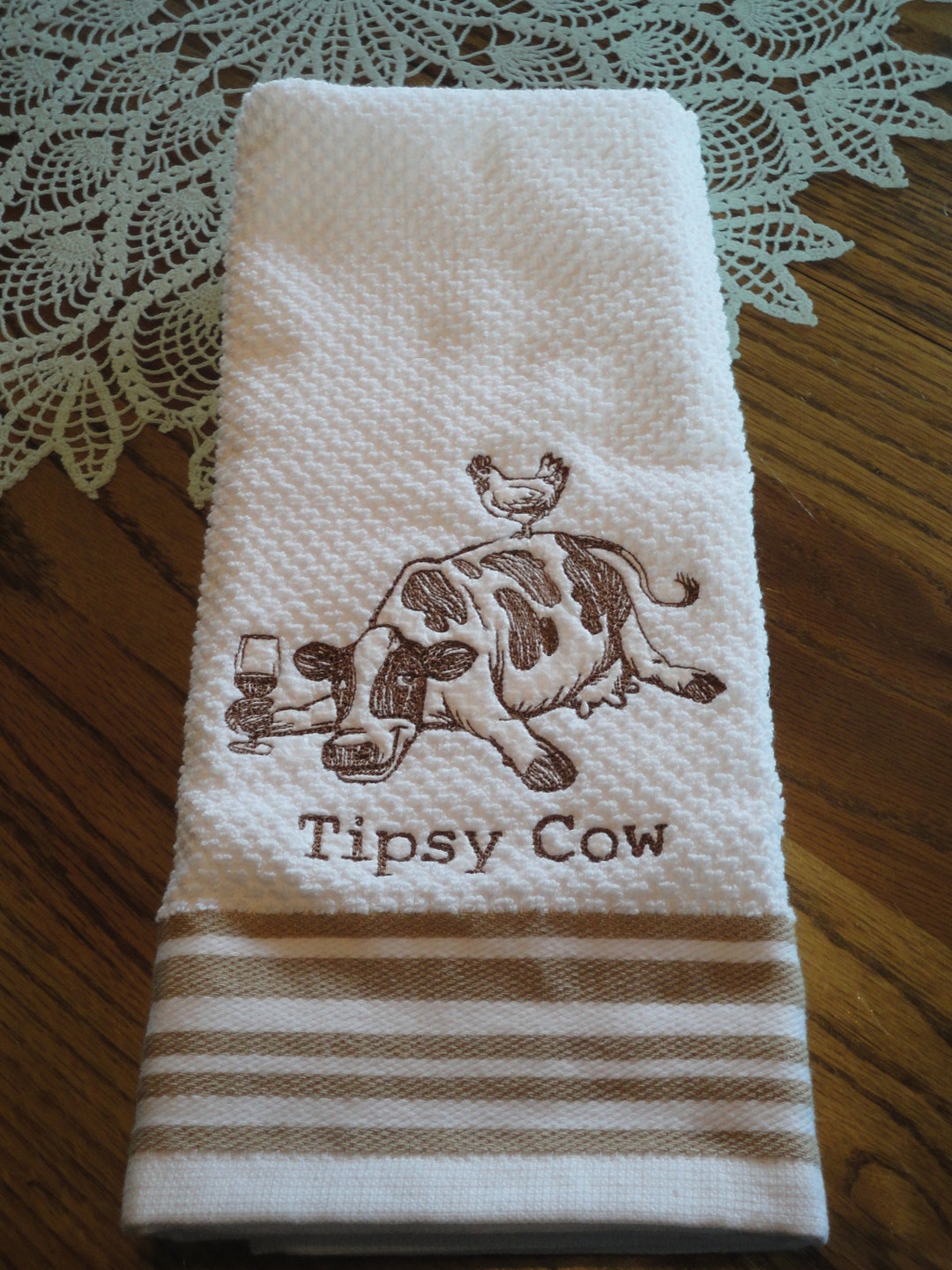Tipsy Cow - Embroidered Cotton Kitchen Towel - Pick Your Color of Towel ...