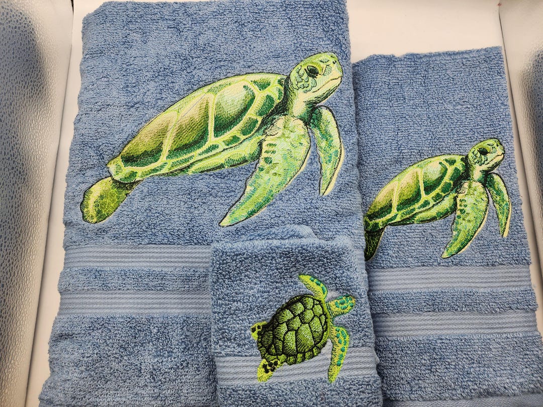 Sea Turtle on Linen Blue 3 Piece Embroidered Towel Set - Bath Sheet ...