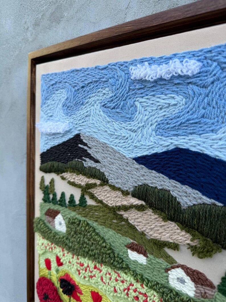 Handmade Punch Needle Wall Art – Poppies and Countryside Landscape ...