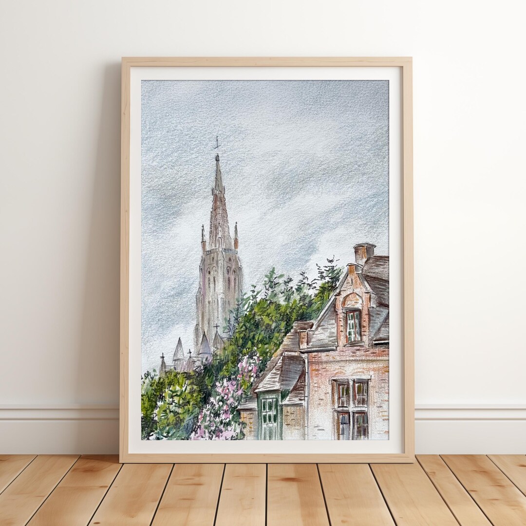 Gothic Church of Our Lady in Bruges – Unique Pencil Drawing, Original ...