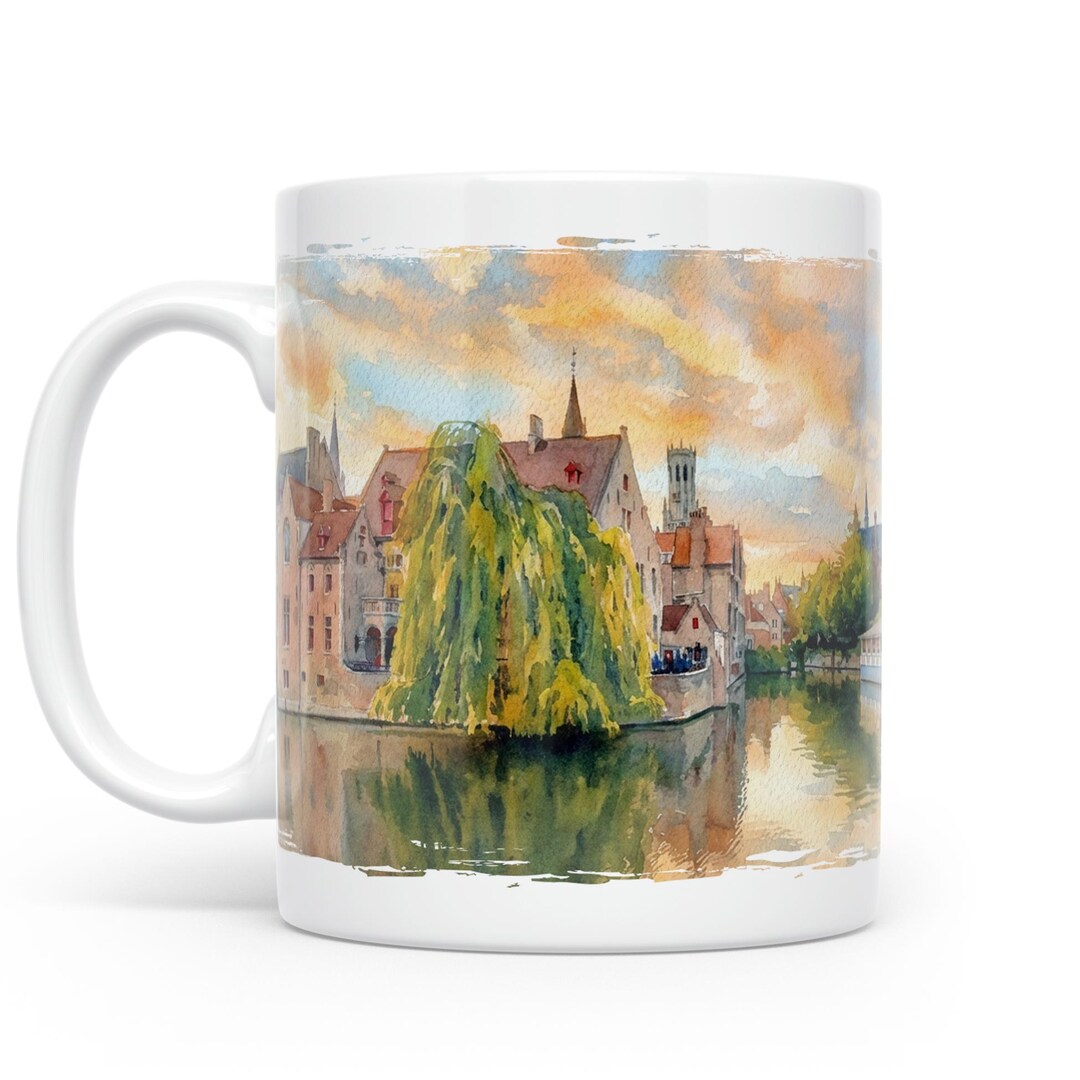 Bruges Belgium Mug – Rozenhoedkaai Sunset Watercolor Ceramic Travel Art ...