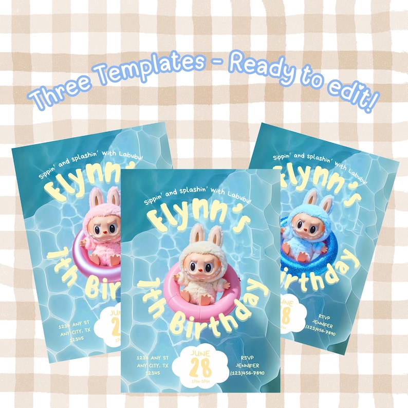 Labubu | Kids Summer Pool/beach Birthday Party Invitation Card | 3 ...