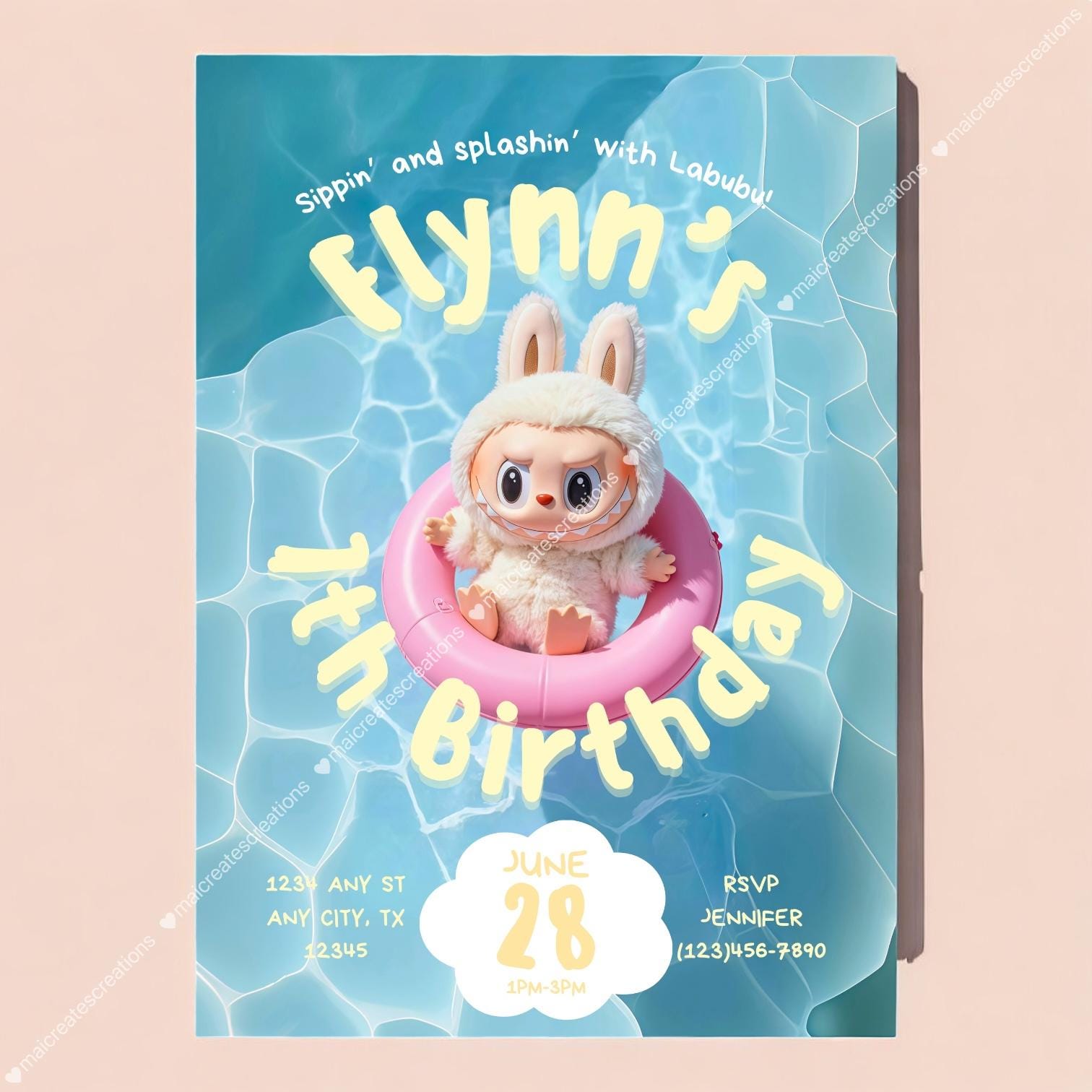 Labubu | Kids Summer Pool/beach Birthday Party Invitation Card | 3 ...