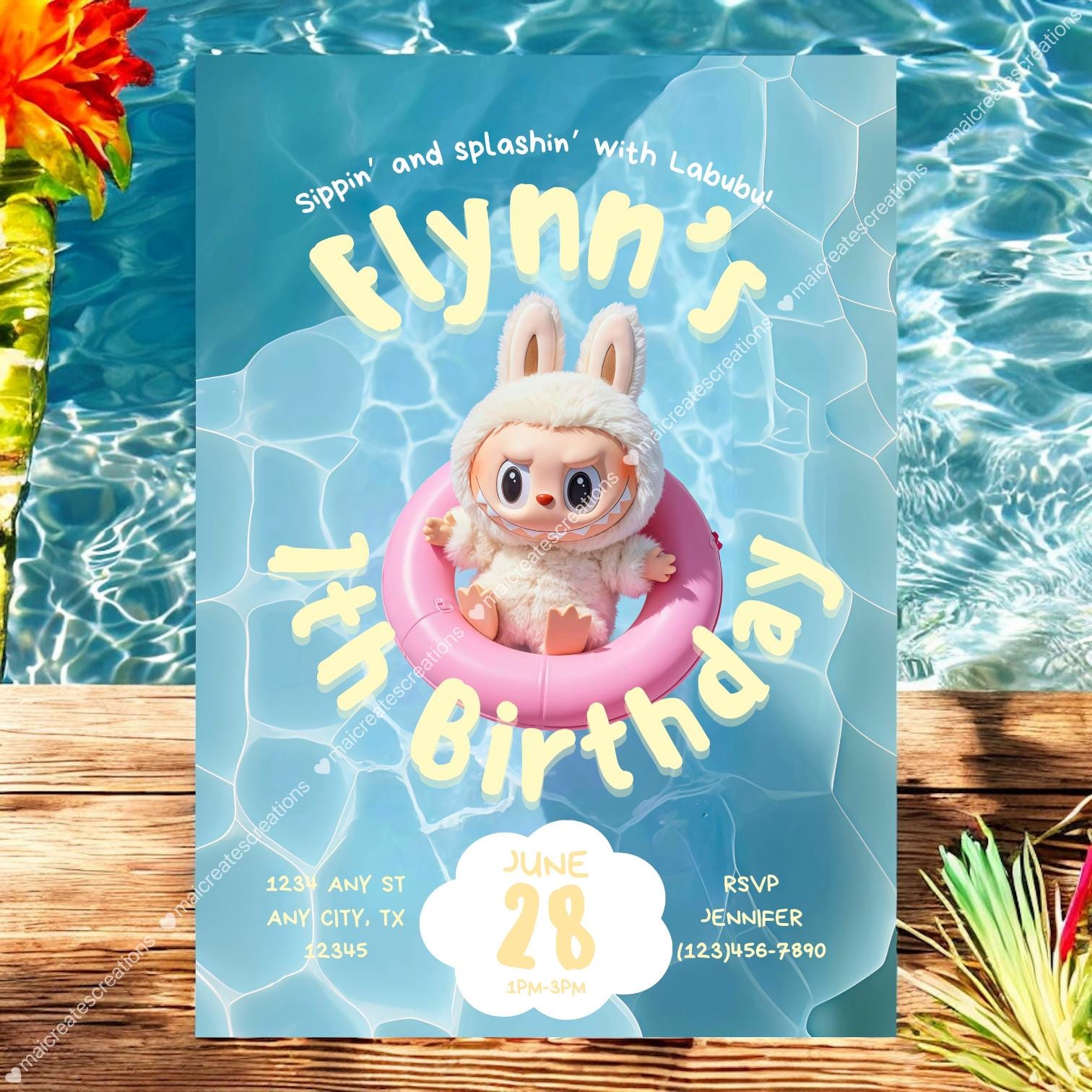 Labubu | Kids Summer Pool/beach Birthday Party Invitation Card | 3 ...
