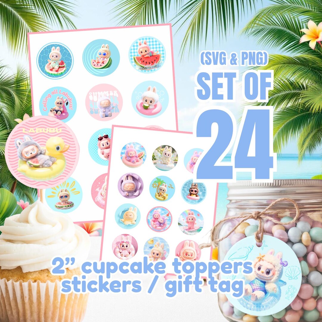 Labubu | 24 Set Cupcake Toppers Stickers Party Favors Gift Tags | SVG ...