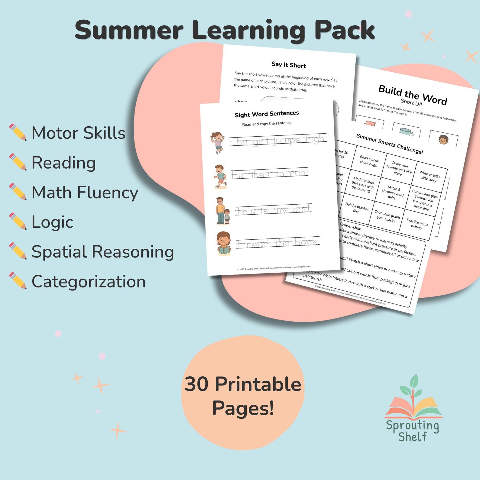 Summer Learning Pack - 30 Printable Activities for K-1 - Prevent Summer ...