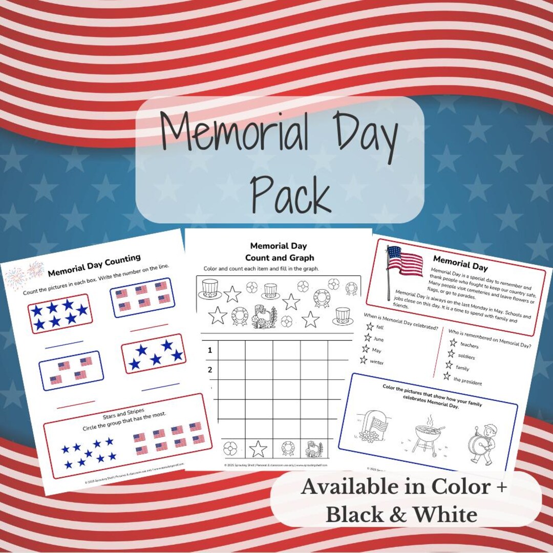 Memorial Day Worksheets for Kindergarten | Math and Literacy - Etsy