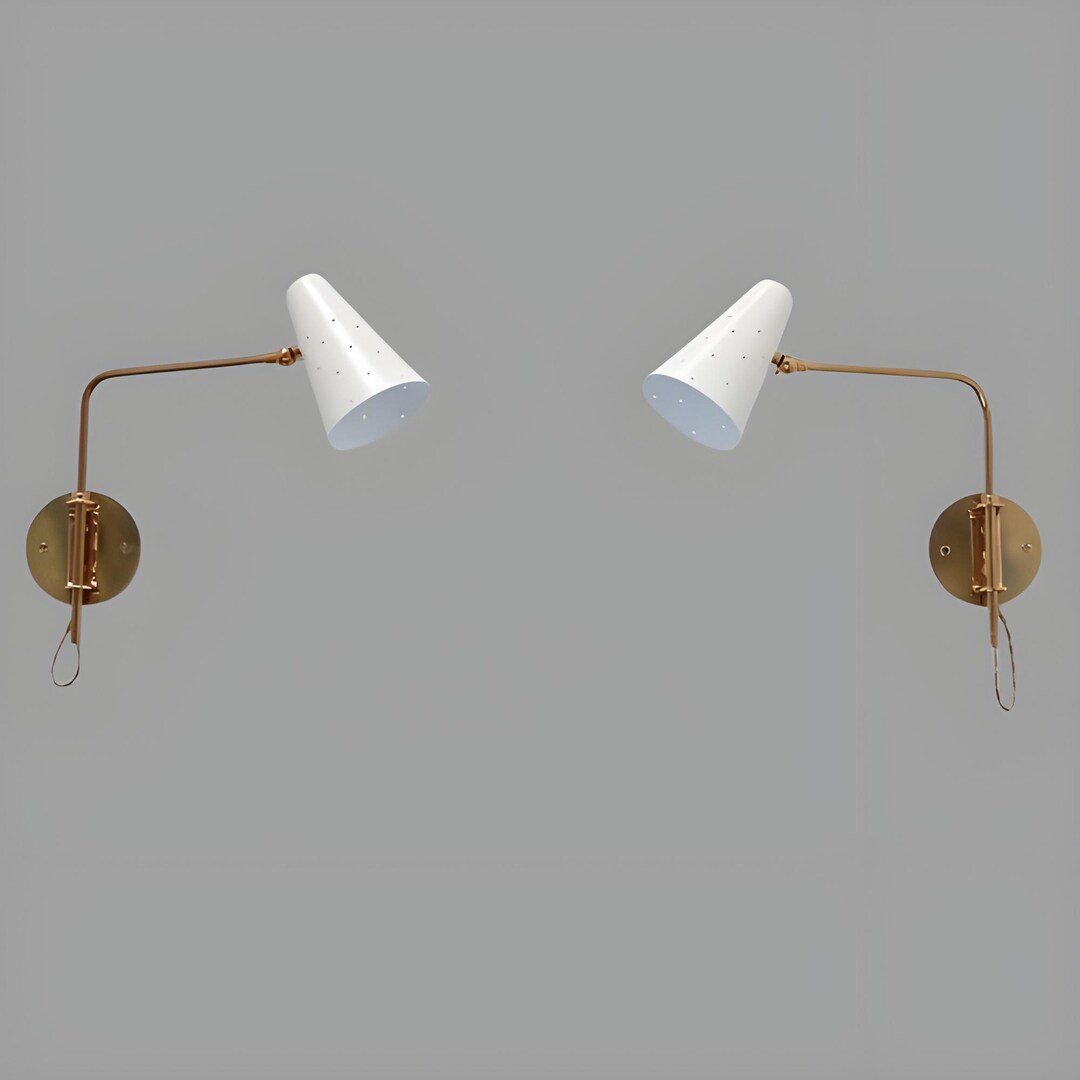 Set of Two Matt White Reading Brass Wall Sconces - Italian Brass Light ...