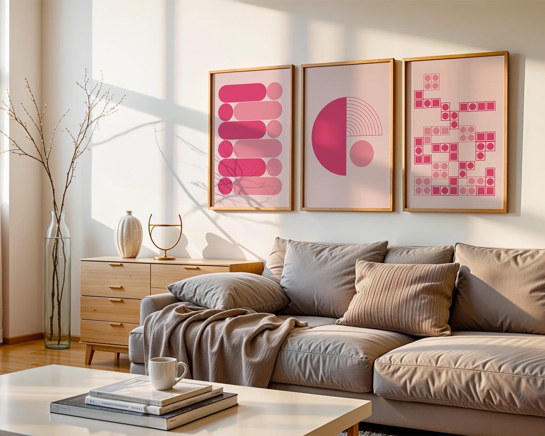 Triple Pink Wall Art, Tetris Art, Round and Short Striped Frame ...