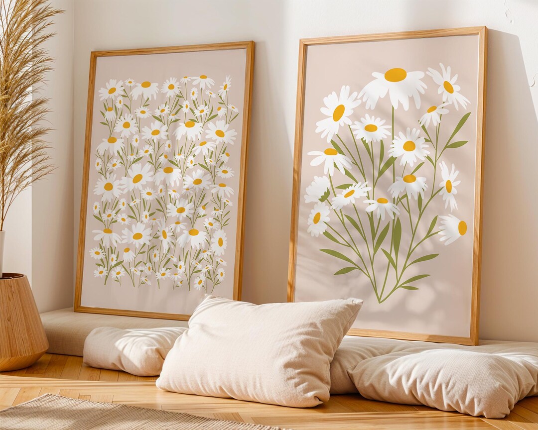 Pastel Yellow Daisy Print Set: Boho Floral Illustration (digital ...