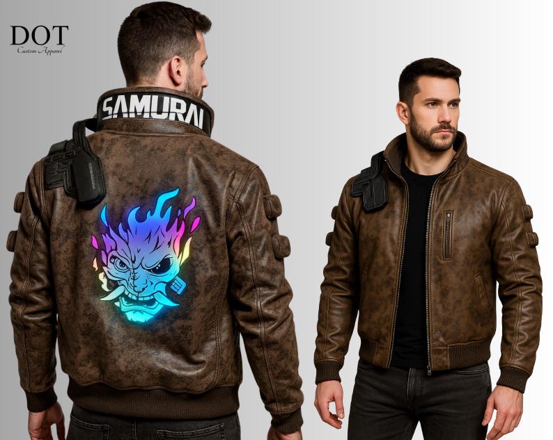 Cyberpunk V Samurai Jacket – Brown Leather Bomber | Neon Oni Back Print ...