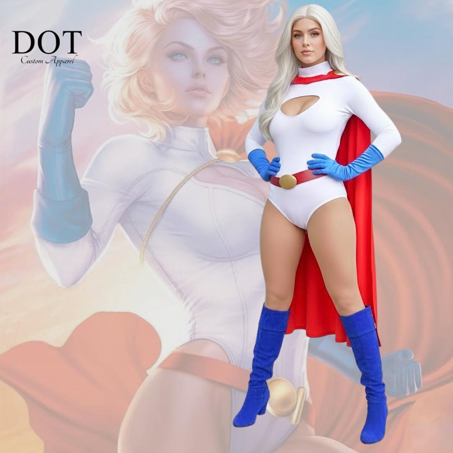 Power Girl Inspired Cosplay Costume White Superhero Bodysuit With Red